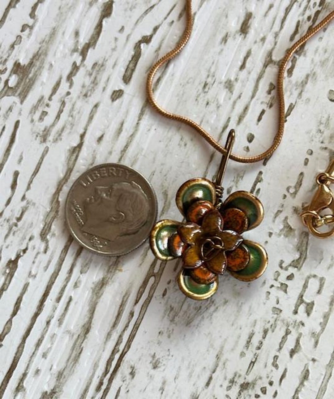 Copper & Enamel Flower Pendant Necklace - Green Enameled Copper Flower ...