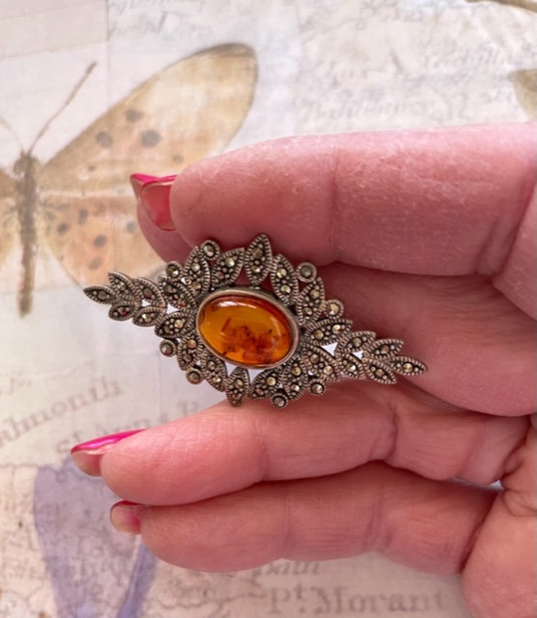 Vintage Marcasite Silver & Amber Pin Sterling Marcasite Pin Sterling ...