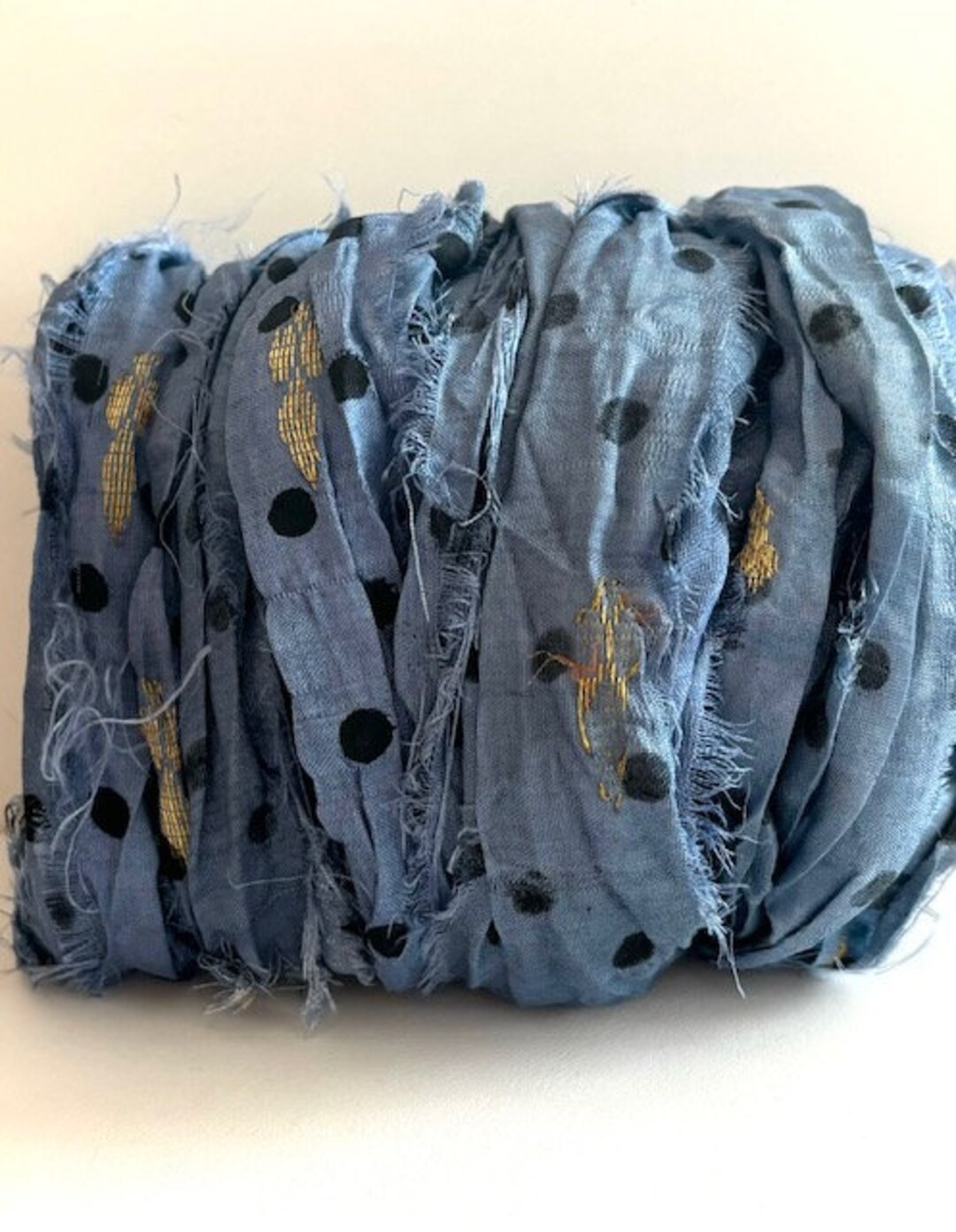 Recycled Sari Silk Ribbon Steel Blue Dot With Gold Embroidery Sari Silk ...