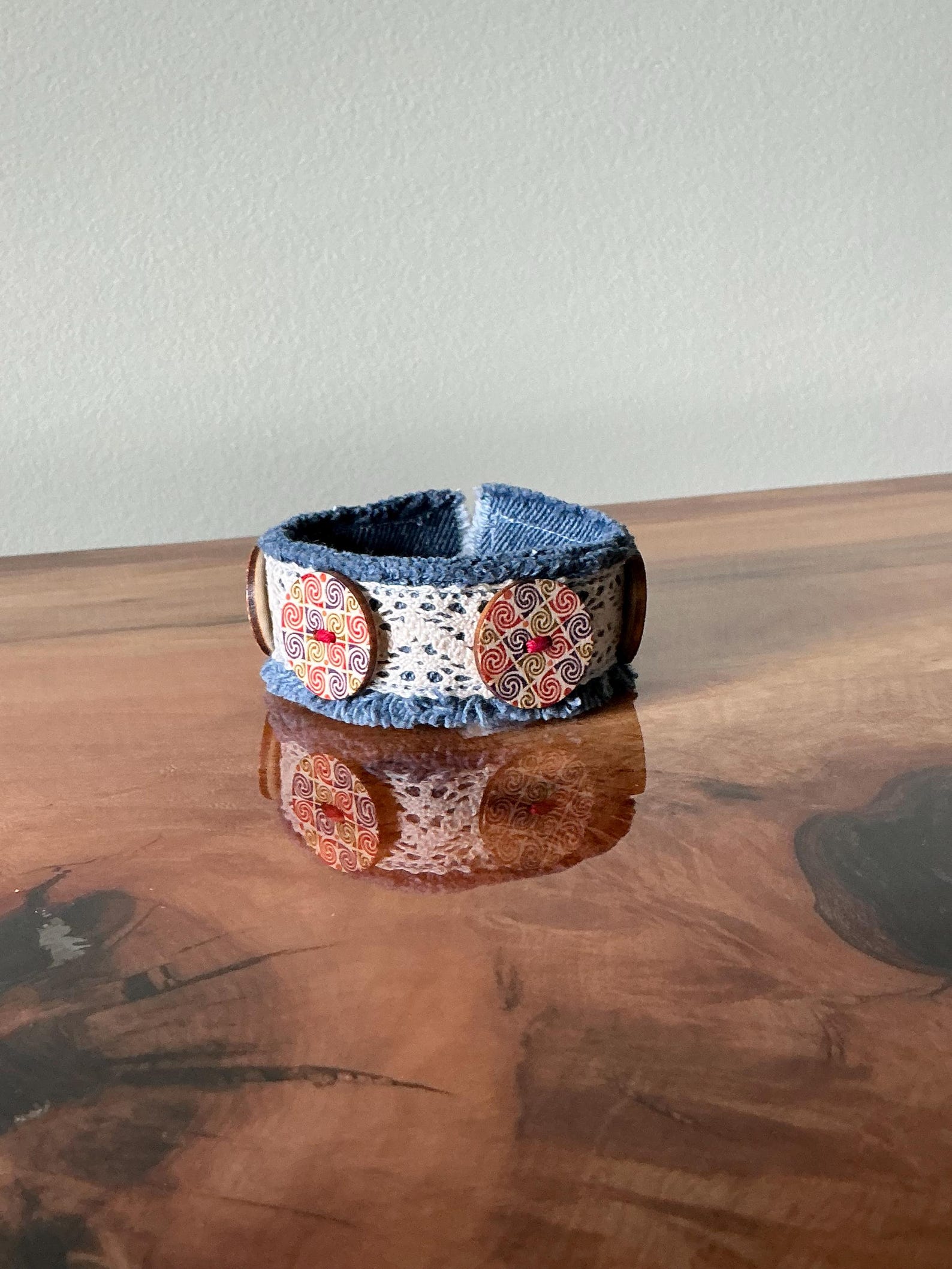 Boho Denim Cuff Bracelets With Wood Buttons and Cotton Lace - Etsy