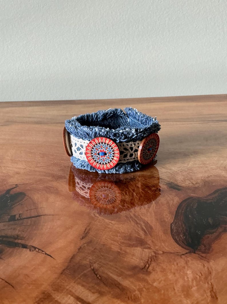 Boho Denim Cuff Bracelets With Wood Buttons and Cotton Lace - Etsy