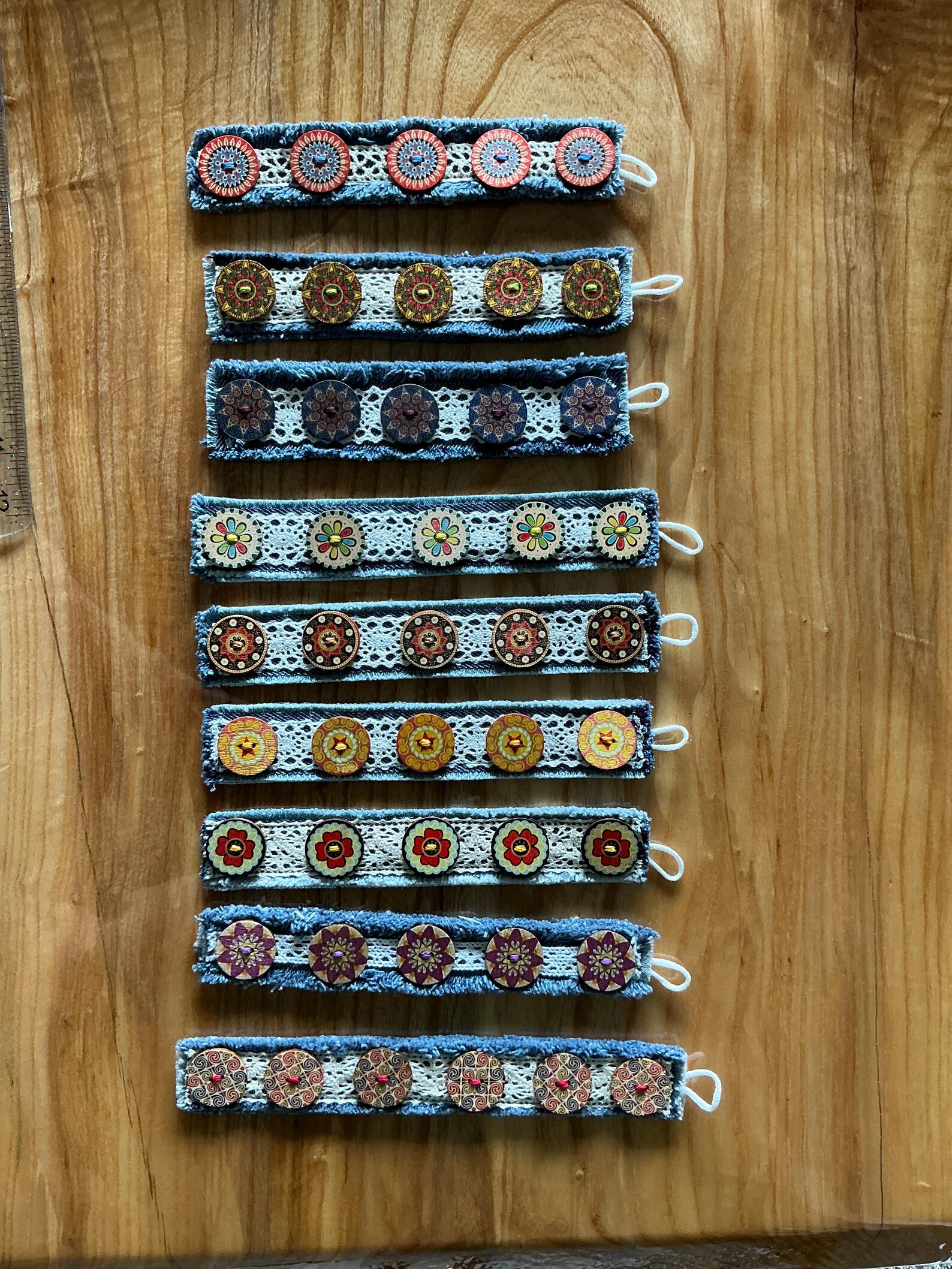 Boho Denim Cuff Bracelets With Wood Buttons and Cotton Lace - Etsy