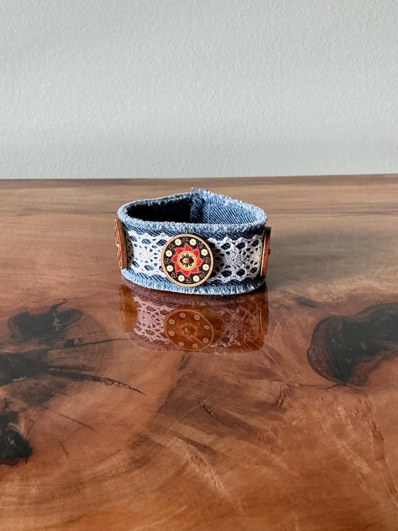 Boho Denim Cuff Bracelets With Wood Buttons and Cotton Lace - Etsy