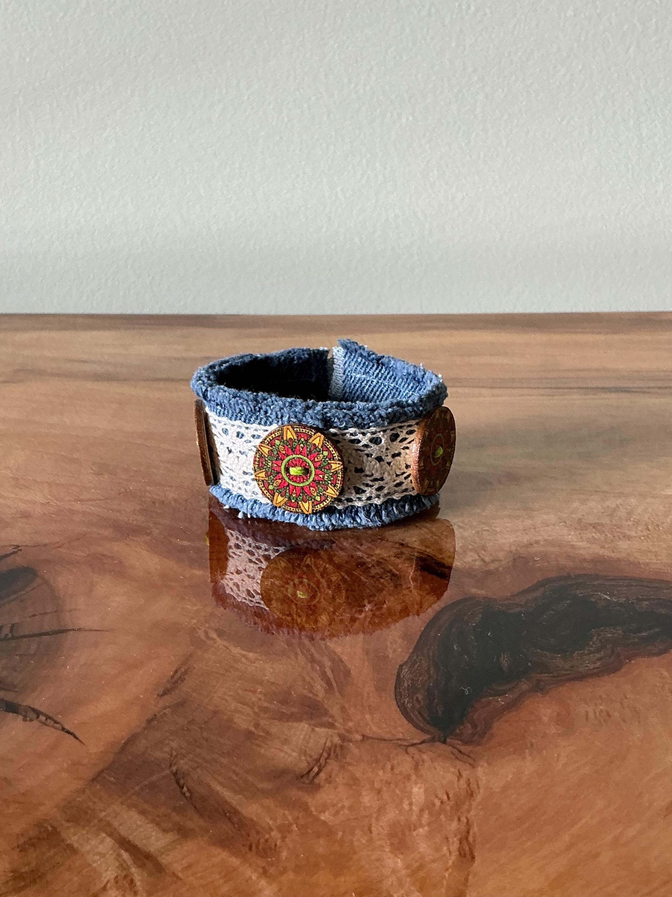 Boho Denim Cuff Bracelets With Wood Buttons and Cotton Lace - Etsy