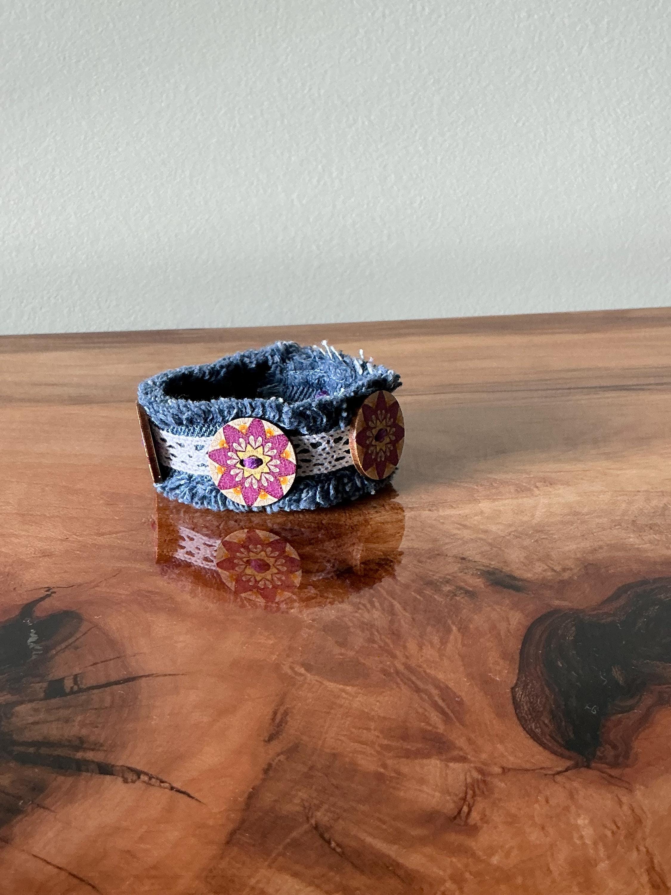 Boho Denim Cuff Bracelets With Wood Buttons and Cotton Lace - Etsy