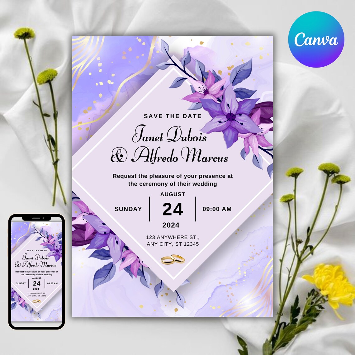 Purple Wedding Invite Wedding Invitation Canva Template Gifts Wedding ...