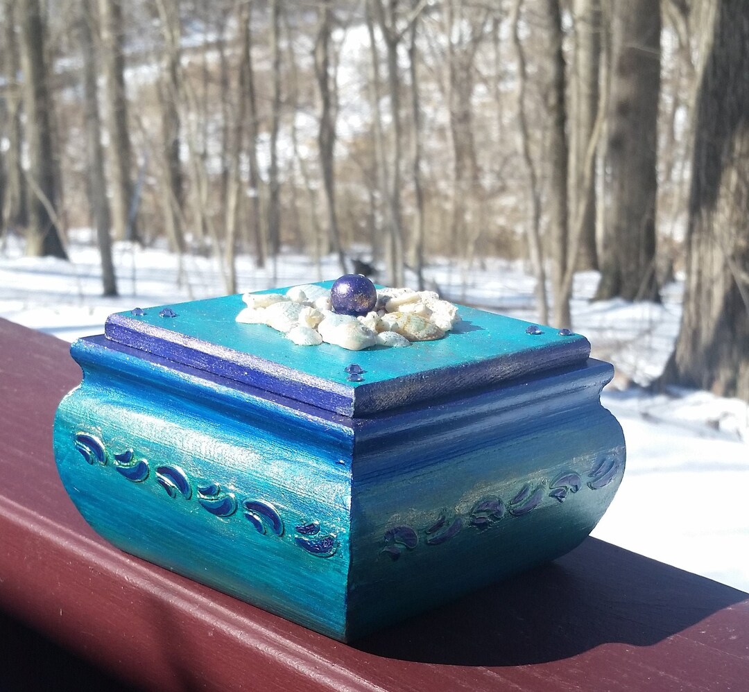 Hand Painted Blue Wood Shell Box With Pearls and Crystals - Etsy