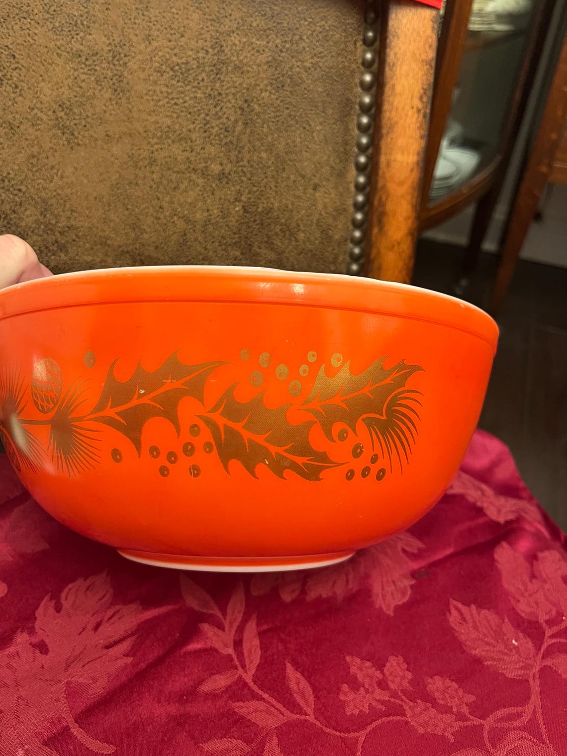 Pyrex #404 Vintage Red Mixing Bowl Golden Holly Lead Pine Cone ...