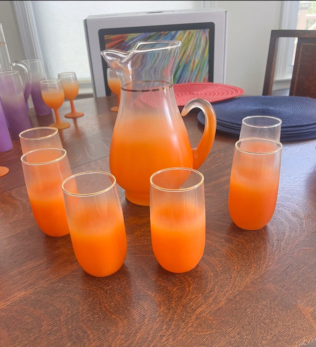 1960's Blendo Ombré Frosted Orange Glass Pitcher and Glasses Gold Trim ...