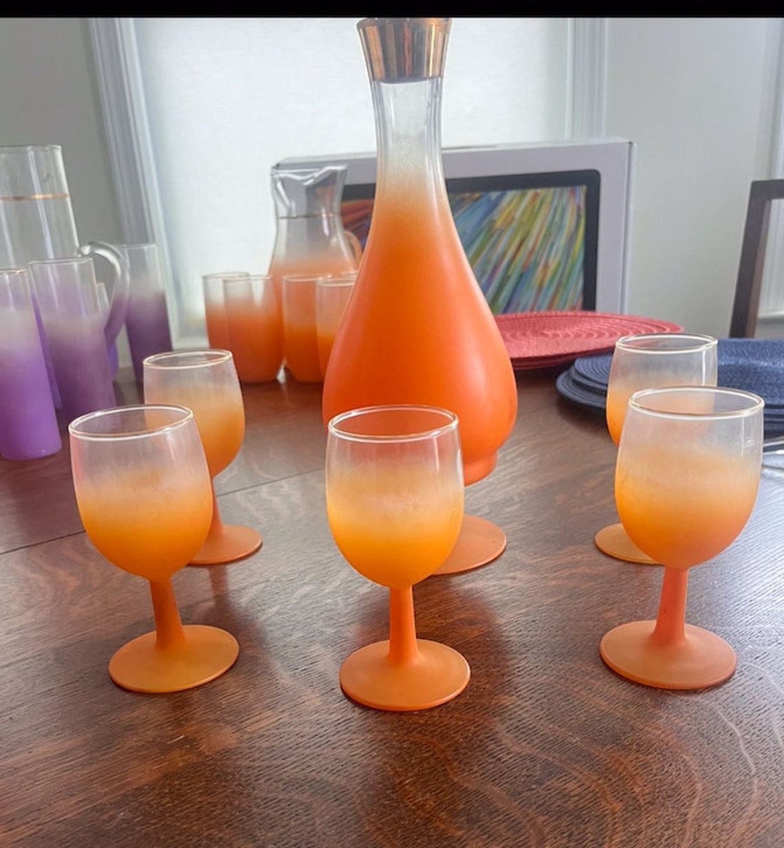 1960's Blendo Ombré Frosted Orange Glass Vase and Glasses Set- 5 ...