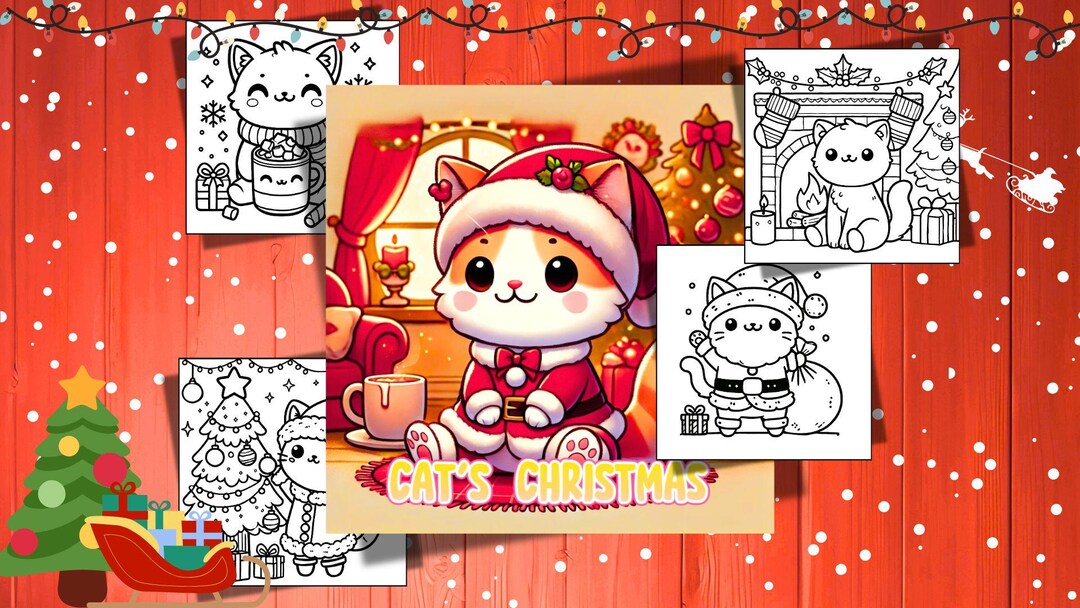 14 Cute Cats CHRISTMAS Coloring Pages, Simple and Relaxing Coloring ...