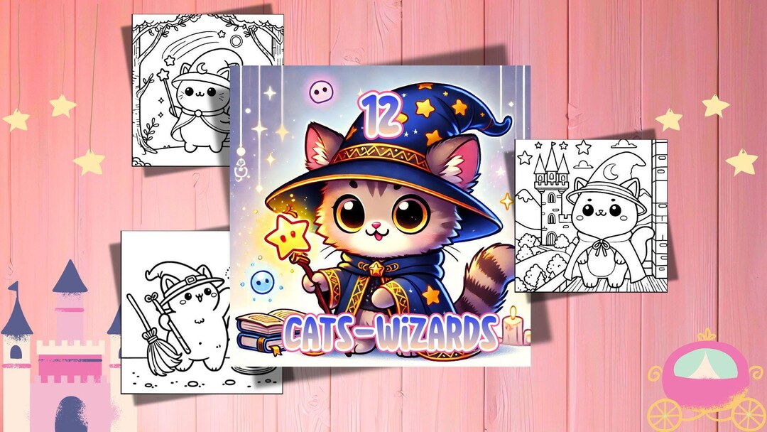 12 Cute Cats Wizards Coloring Pages FULL VER, Simple and Relaxing ...