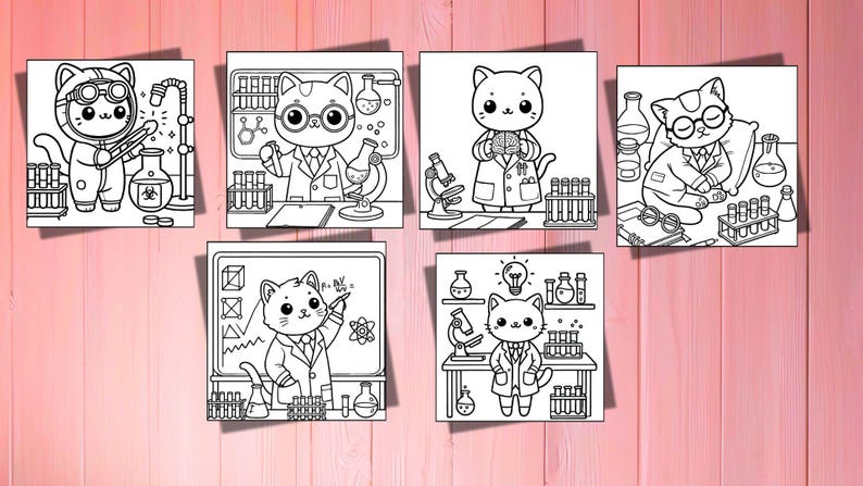 12 Cute Cats-scientists Coloring Pages FULL VER, Simple and Relaxing ...