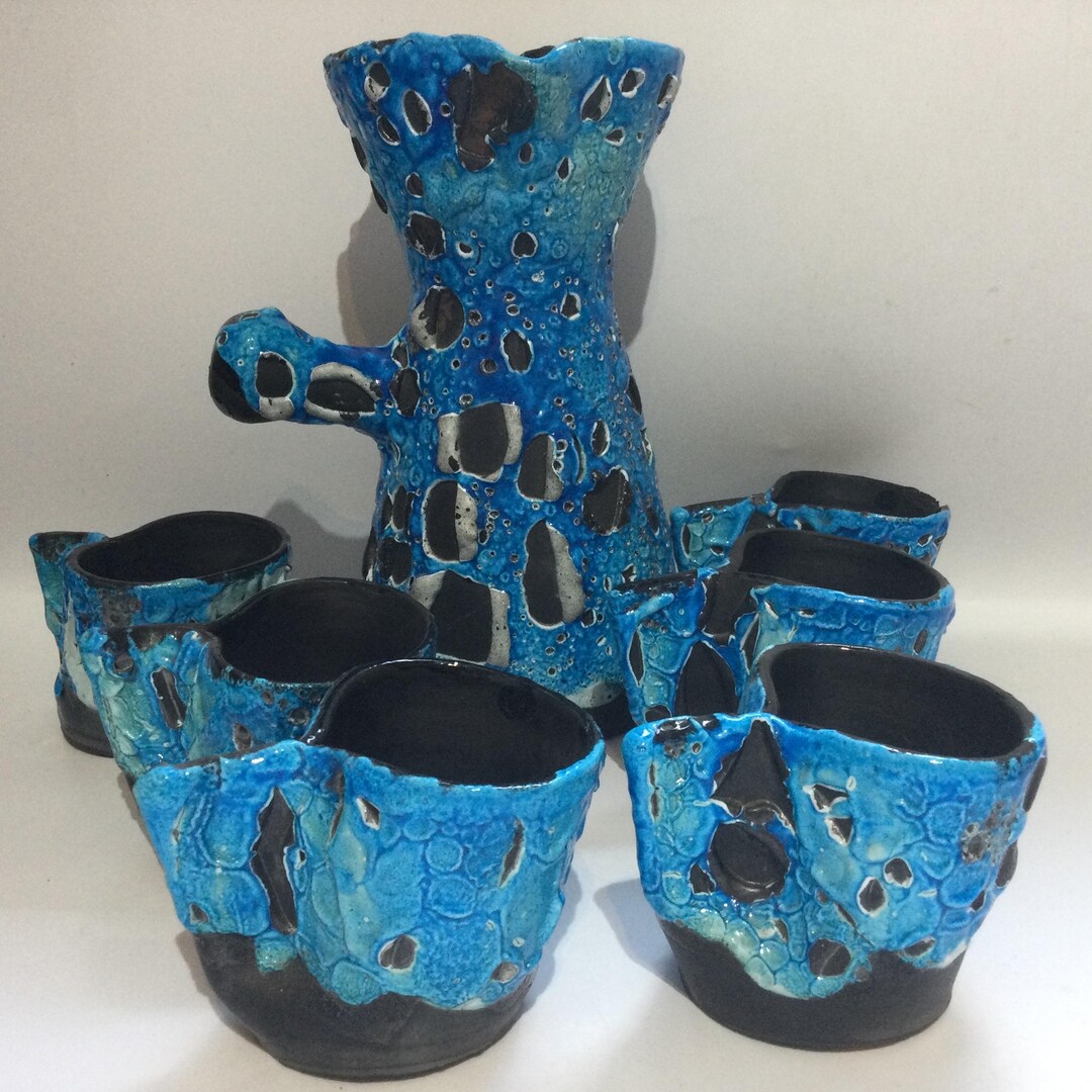 French Studio Pottery Ceramic WATER JUG & 6 GOBLETS - Etsy
