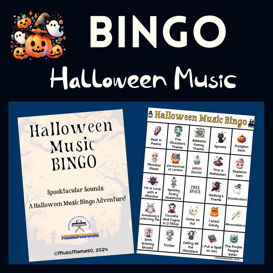 Printable Halloween Music Bingo Game | 24 Iconic Songs & Cute Clip Art ...