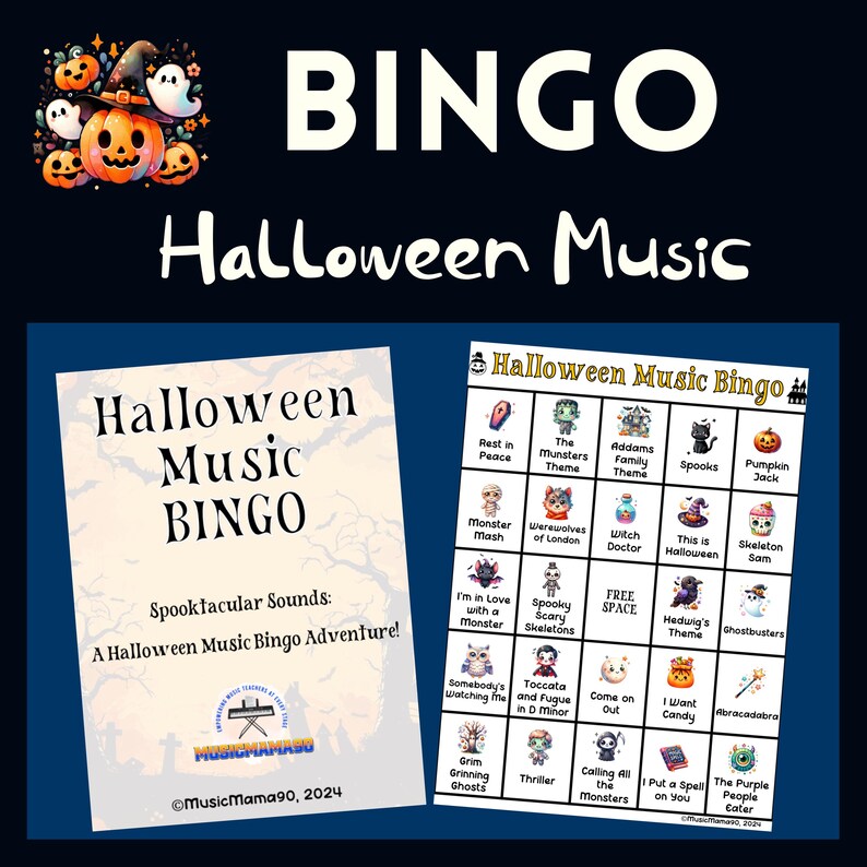 Printable Halloween Music Bingo Game 24 Iconic Songs & Cute Clip Art ...