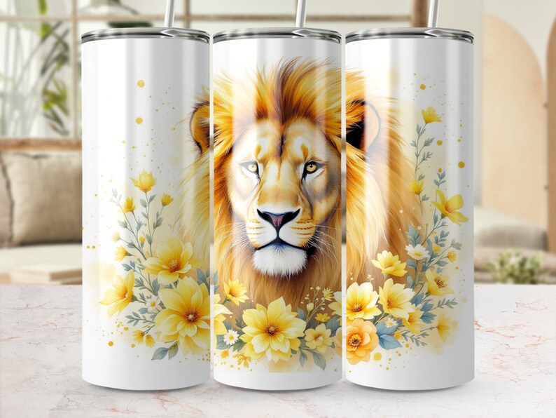 Lion Floral Digital Tumbler Wrap PNG, Yellow Flowers Lion Wrap, Tumbler ...