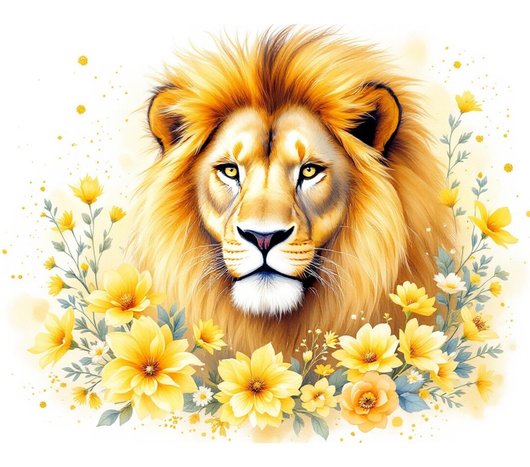 Lion Floral Digital Tumbler Wrap PNG, Yellow Flowers Lion Wrap, Tumbler ...