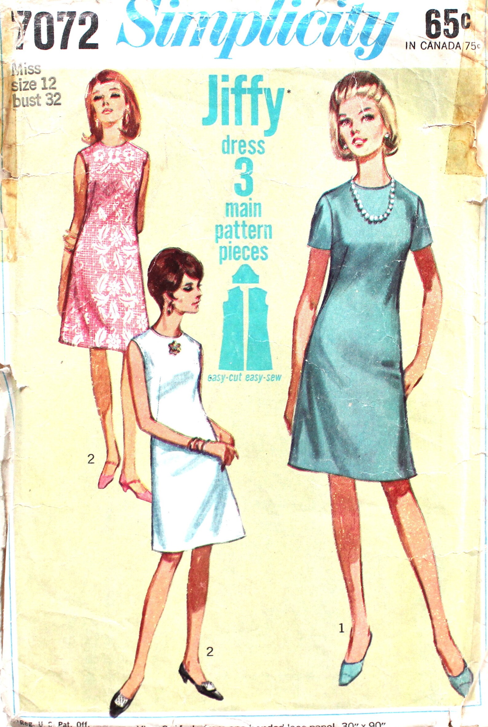 Jiffy Dress 3 Main Pattern Pieces Bust 32 Simplicity 7072 Vintage ...