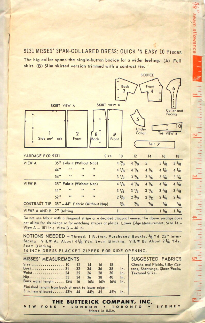 Span Collared Dress Bust 36 Butterick 9131 - Etsy
