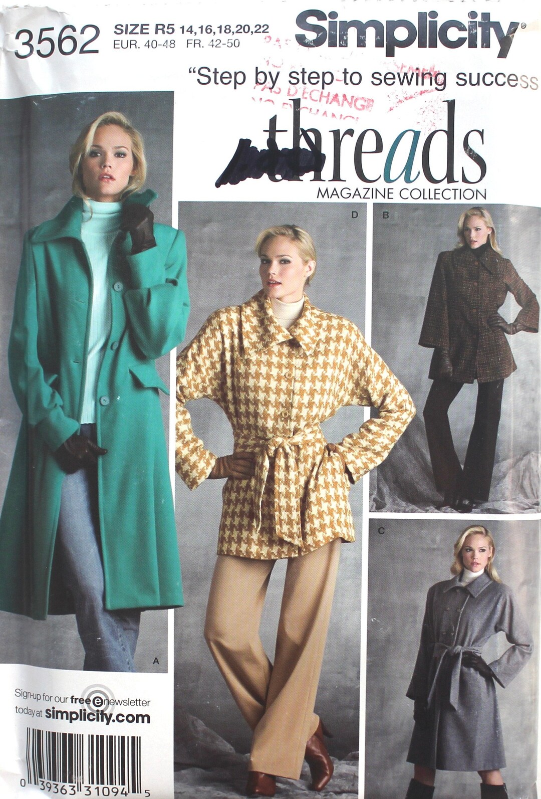 UNCUT Threads Magazine Coat Pattern Bust 36-44 Simplicity 3562 Sewing ...