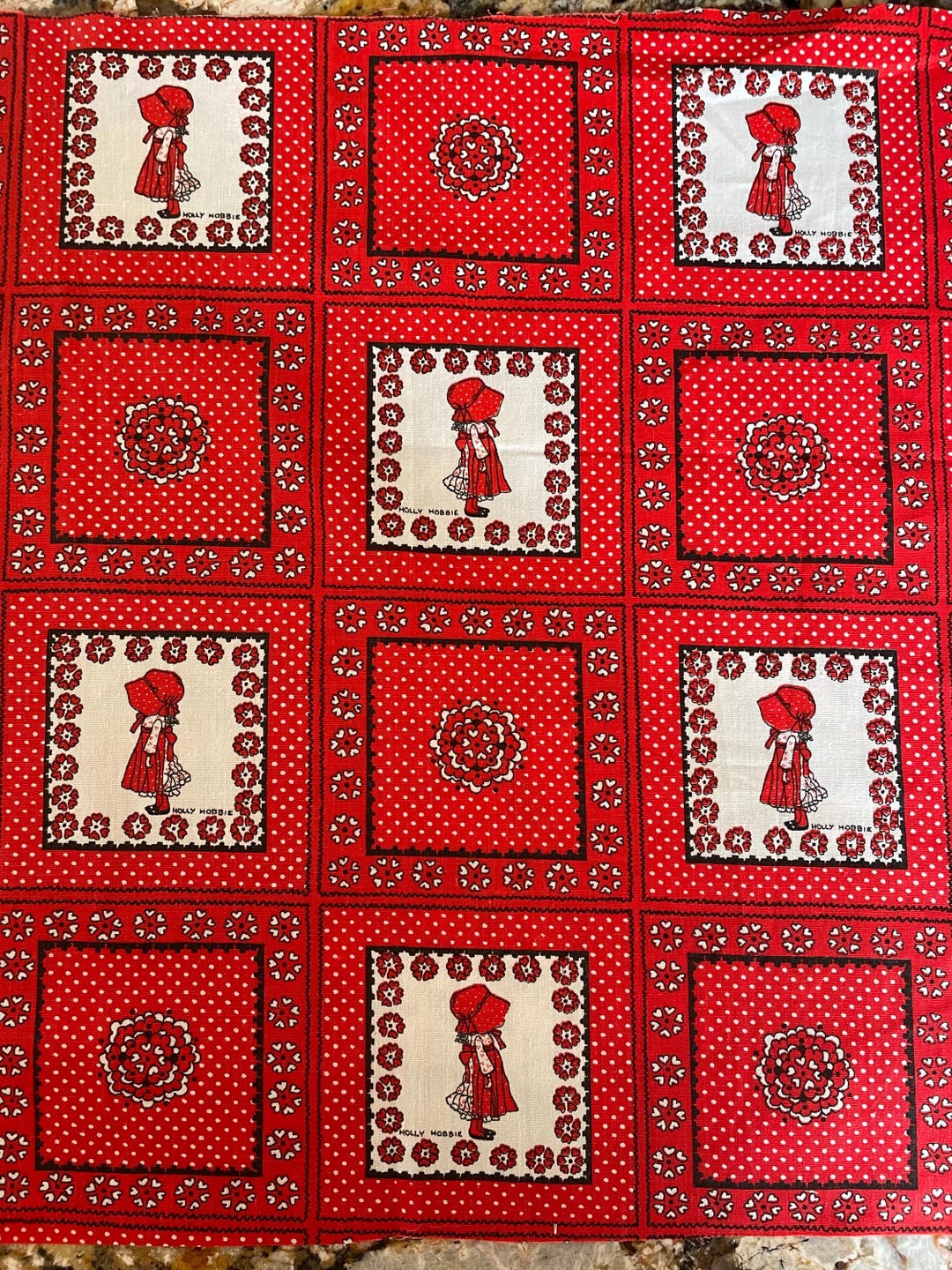 Vintage Holly Hobbie Girls Red Kerchief Bandana Style Fabric Blocks ...
