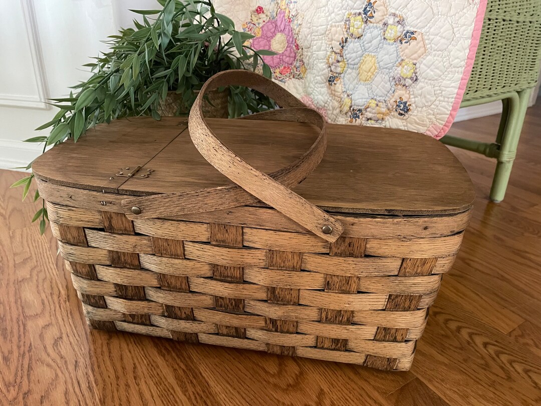 Vintage Antique Large Woven Splint Picnic Basket With Wooden Hinged Lid ...