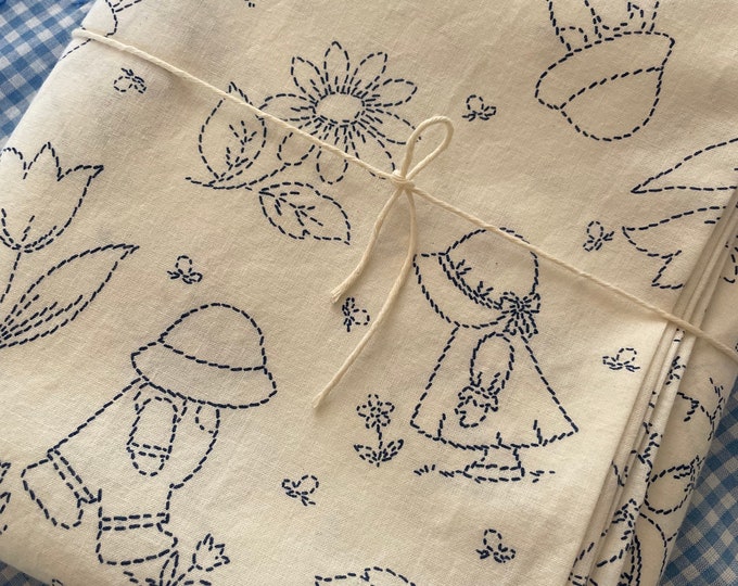 Vintage Sunbonnet Sue and Overall Bill Blue Redwork Fabric by Faye ...