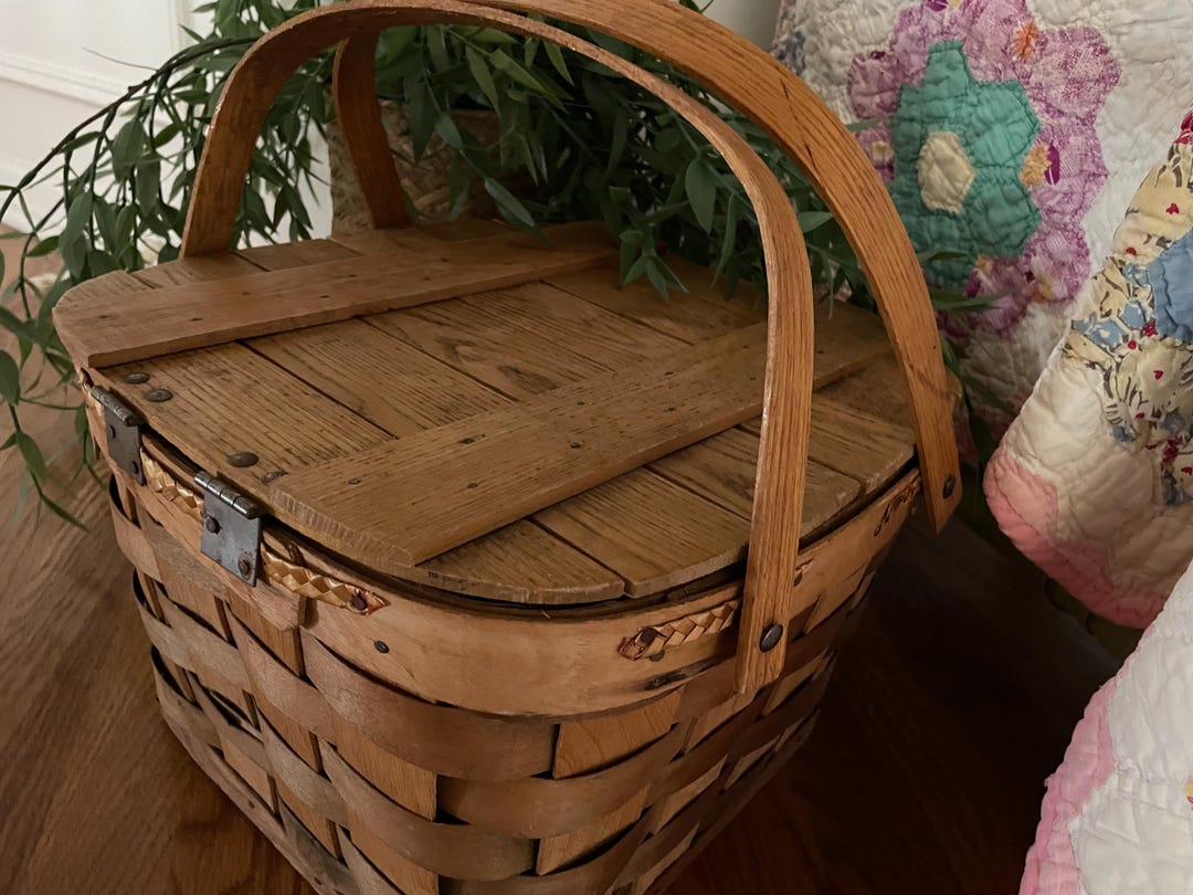 Vintage Antique Woven Splint Picnic Basket With Wooden Hinged Lid ...