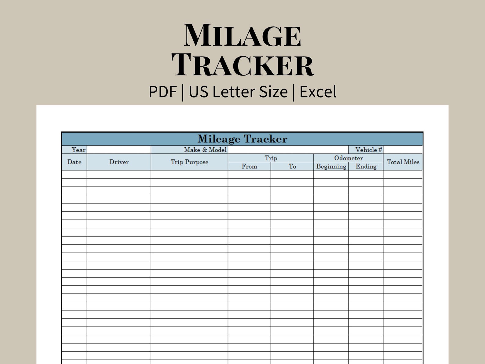 Vehicle Mileage Log Template: Business Tax Tracker (PDF, Excel) - Etsy