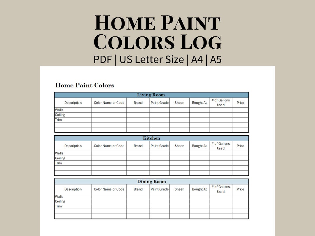 Home Paint Color Log Tracker for Remodel or New Build (PDF) - Etsy