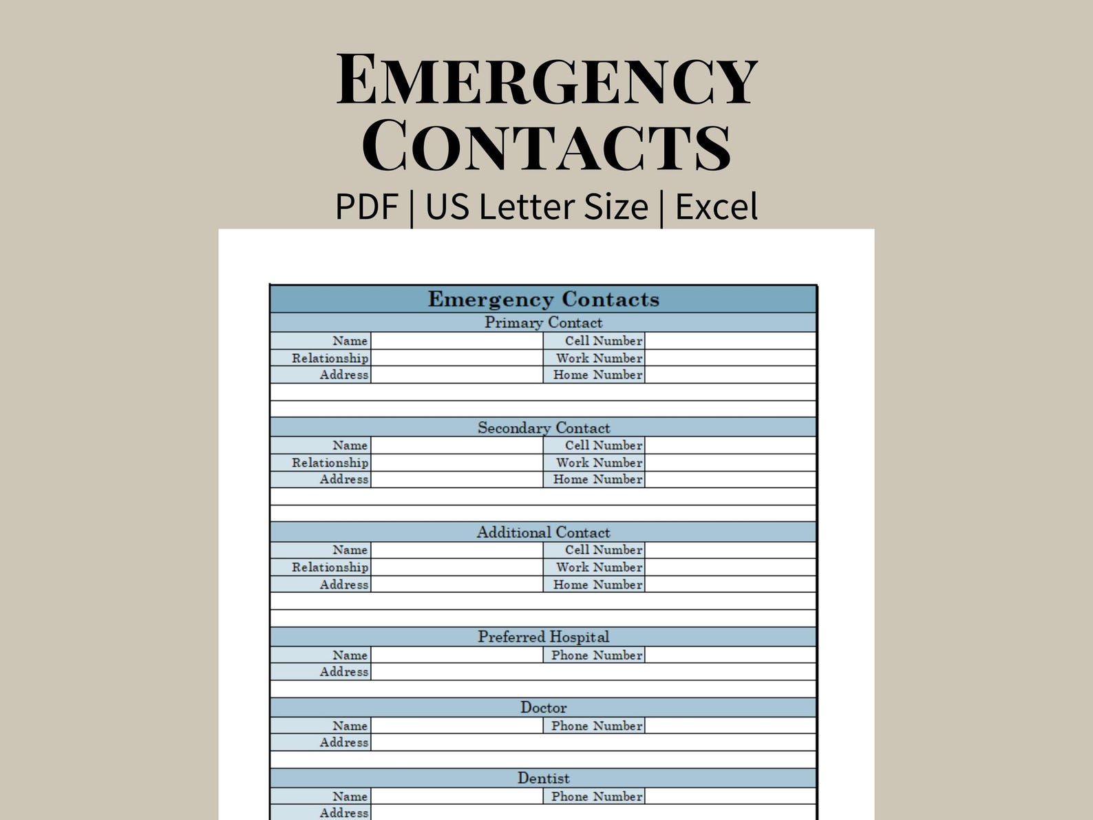 Digital Emergency Contact Printable Emergency Contact List Information ...