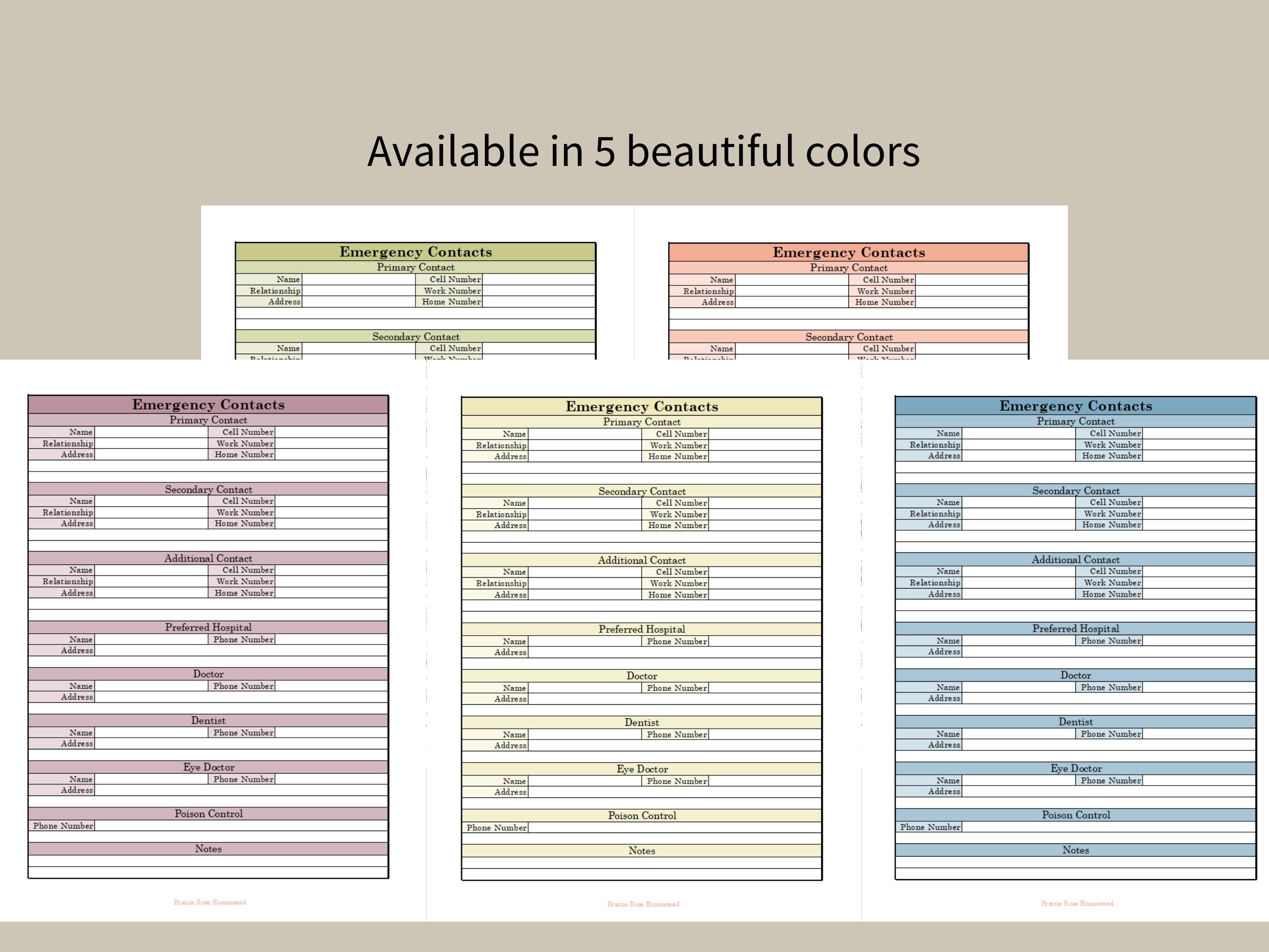 Digital Emergency Contact Printable Emergency Contact List Information ...