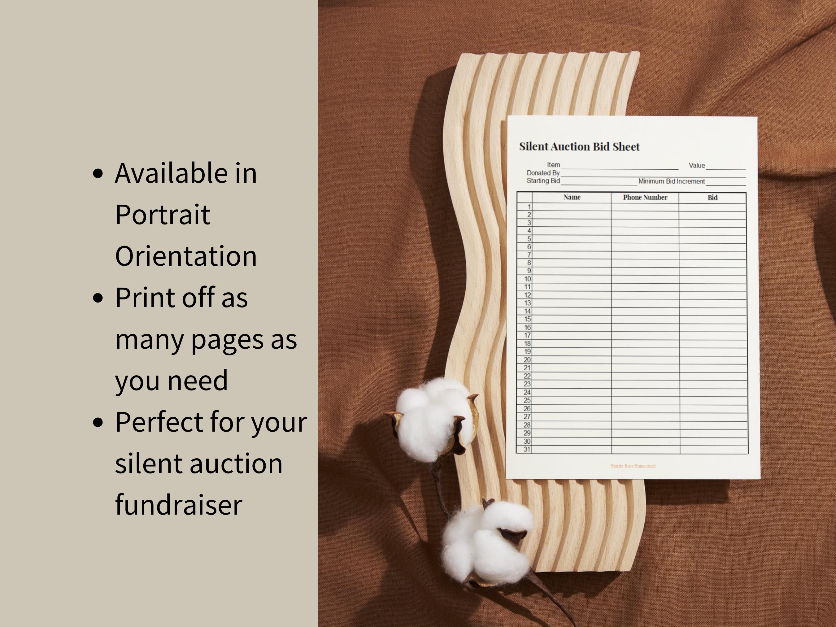 Silent Auction Bid Sheet Editable Template for Silent Auction Paper ...