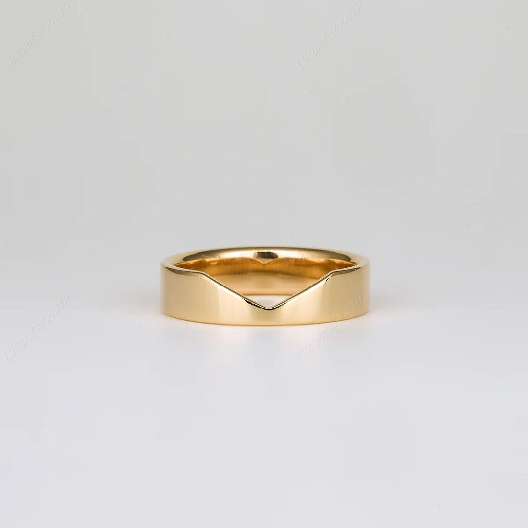 Wide V-shape Curved Wedding Band: Handmade 14k Gold Ring, V Notch Band ...