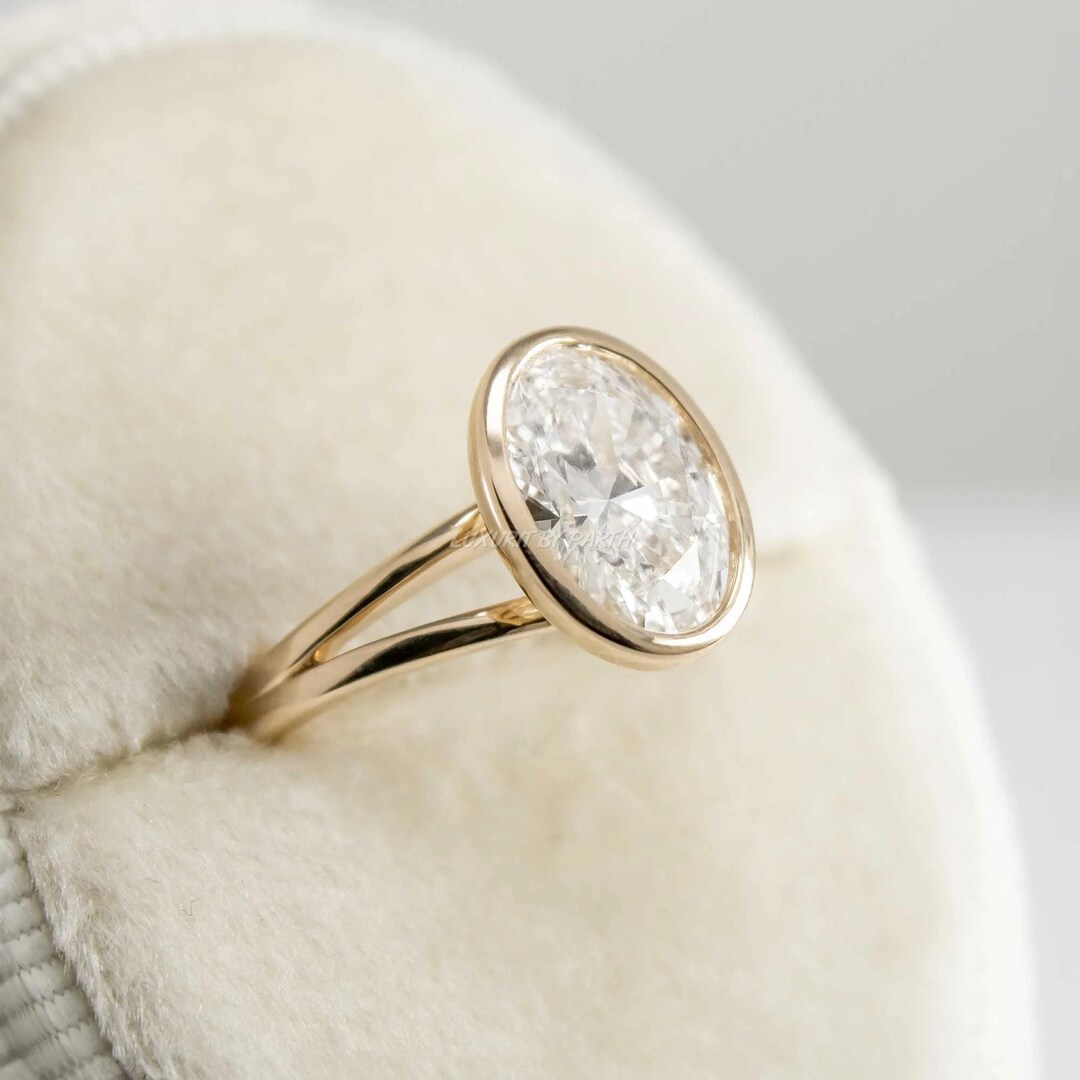 Oval Moissanite Engagement Ring: Emery Bezel, Solid Gold Promise Ring ...