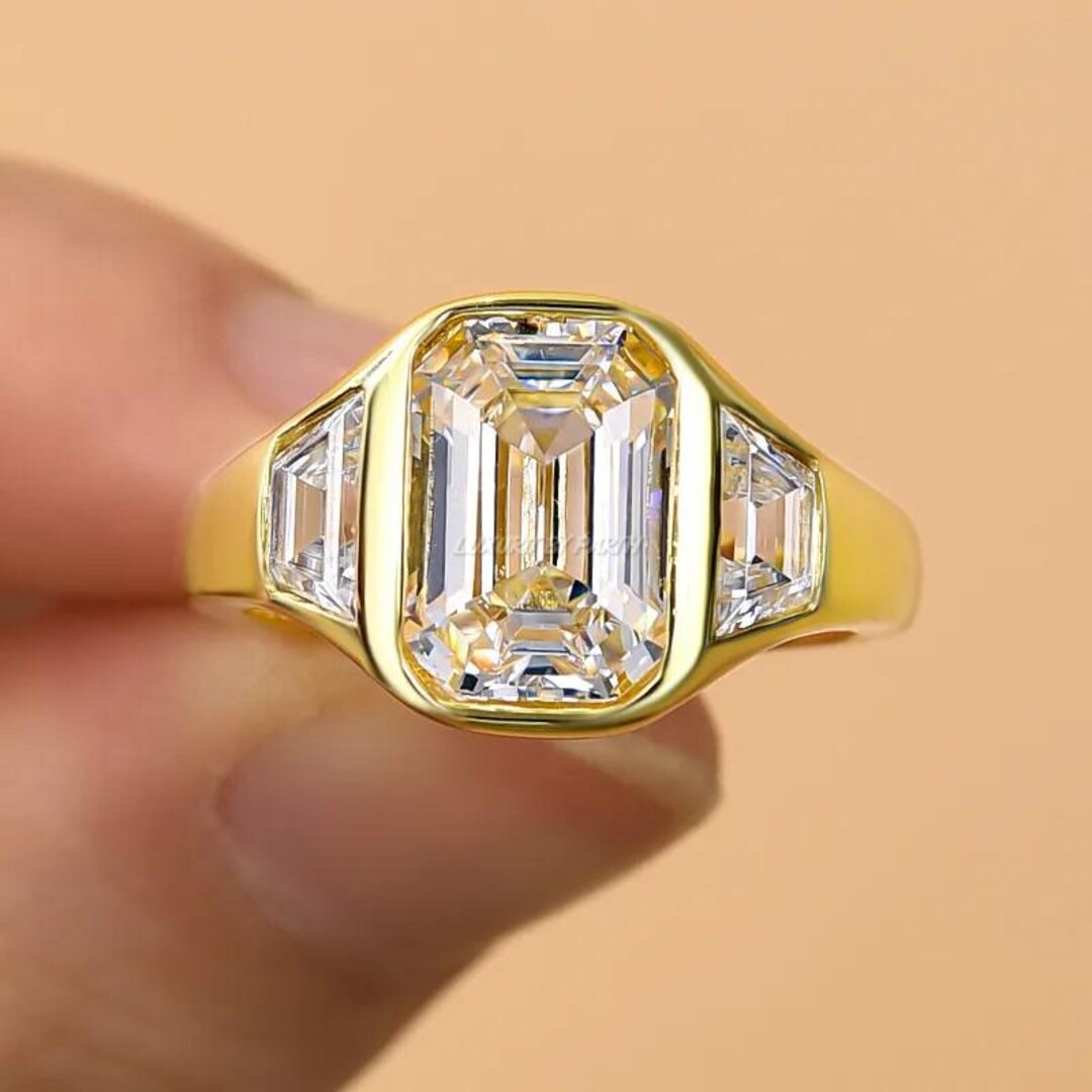 3CT Emerald Cut Moissanite Ring: Bezel Set Sterling Silver With Tapper ...