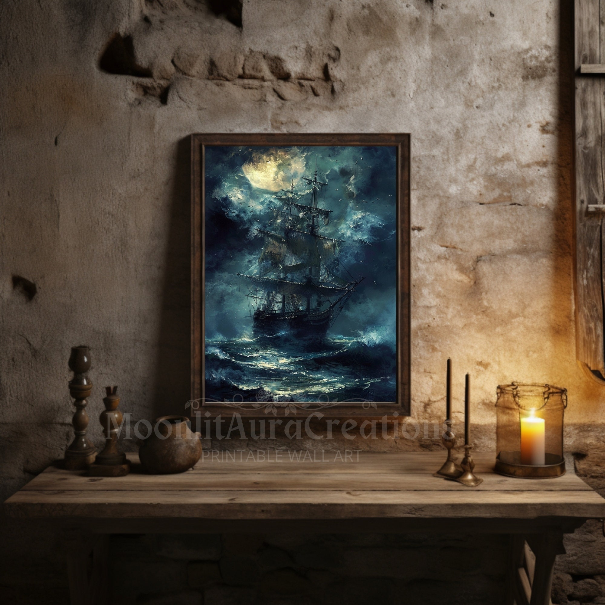 Ghost Ship in Moonlit Storm Print Gothic Nautical Wall Art Dark ...