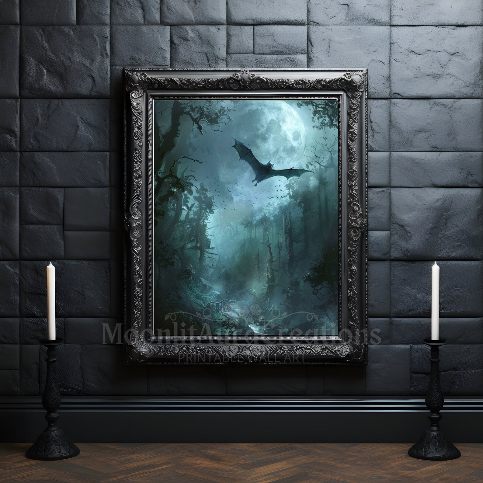 Bat in Haunted Forest Under Full Moon Print | Gothic Wall Art | Dark ...