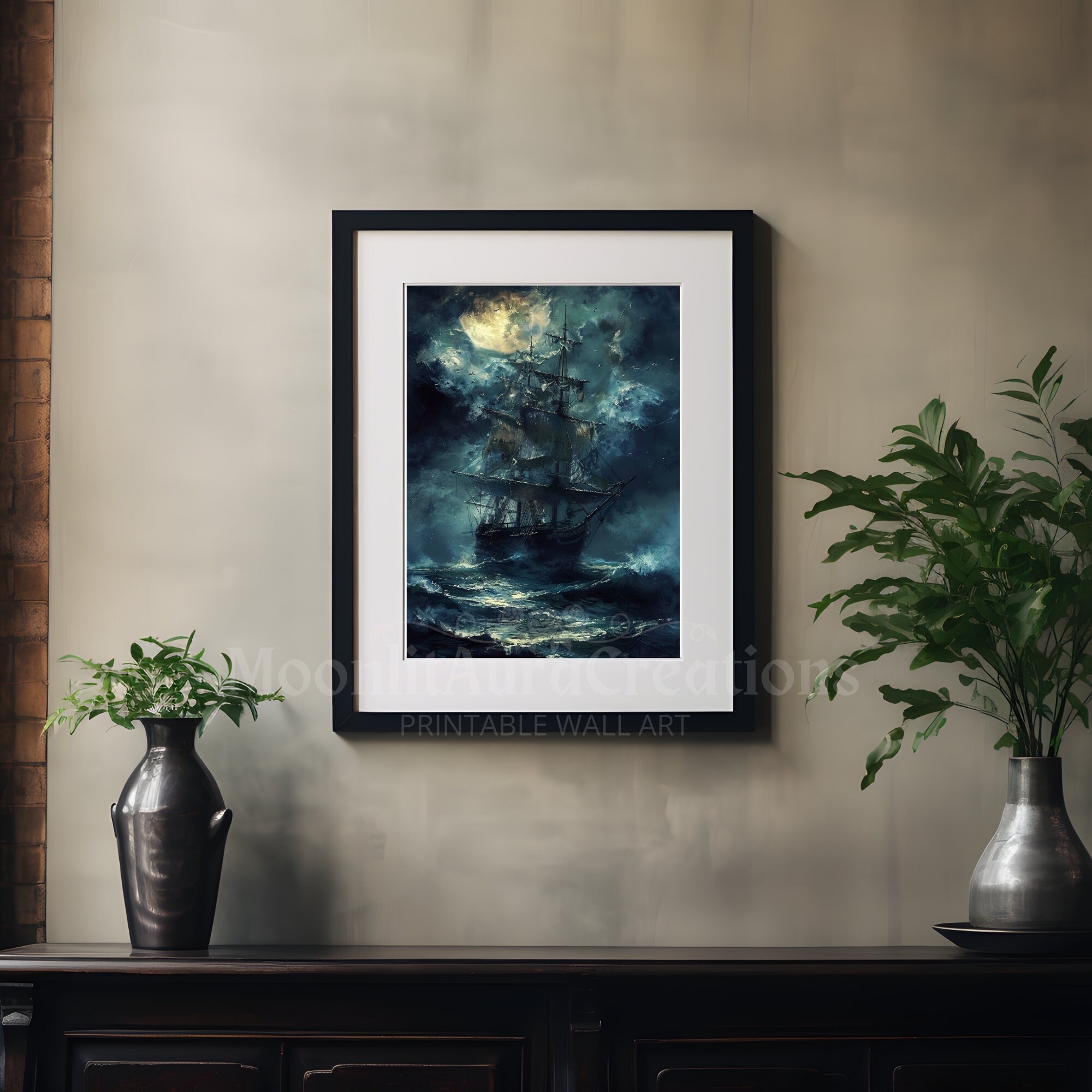 Ghost Ship Moon Sea Printable Wall Art Gothic Ocean Dark Academia Decor ...