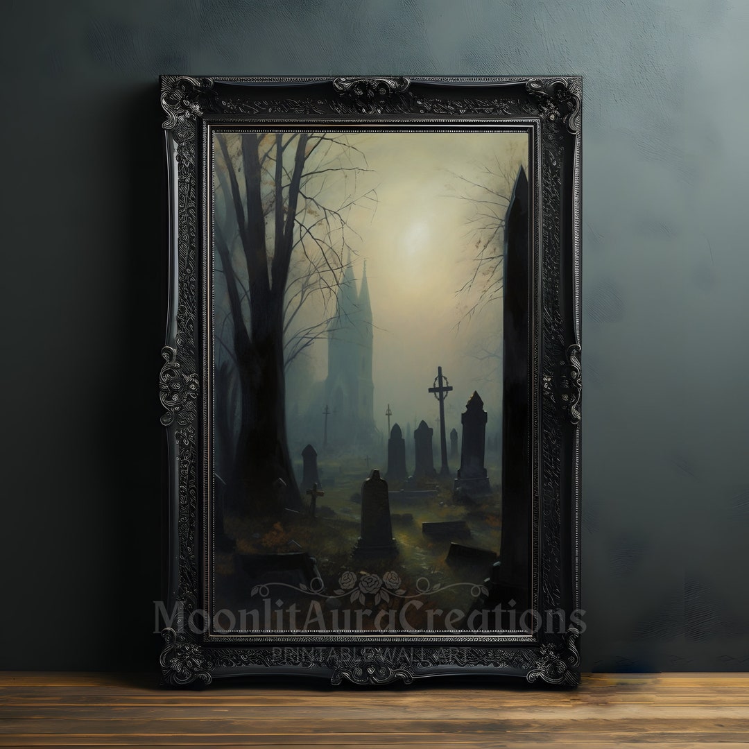 Haunted Cemetery Scene Print | Gothic Wall Art | Dark Academia Decor ...