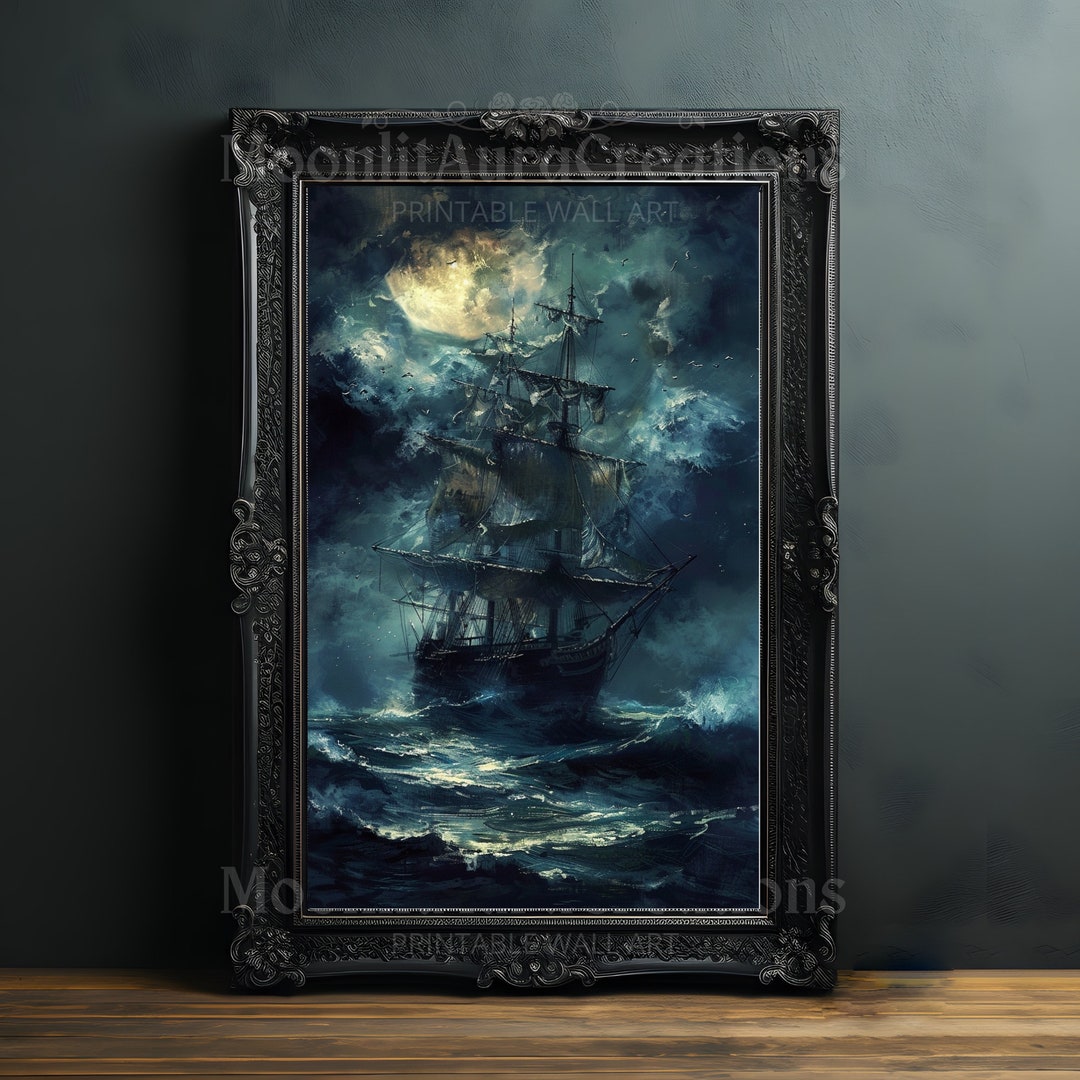 Ghost Ship in Moonlit Storm Print | Gothic Nautical Wall Art | Dark ...