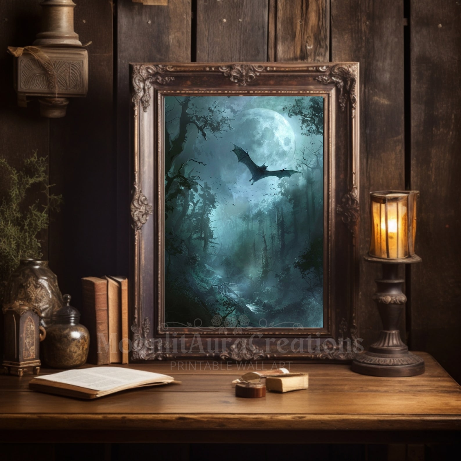 Bat in Haunted Forest Under Full Moon Print | Gothic Wall Art | Dark ...