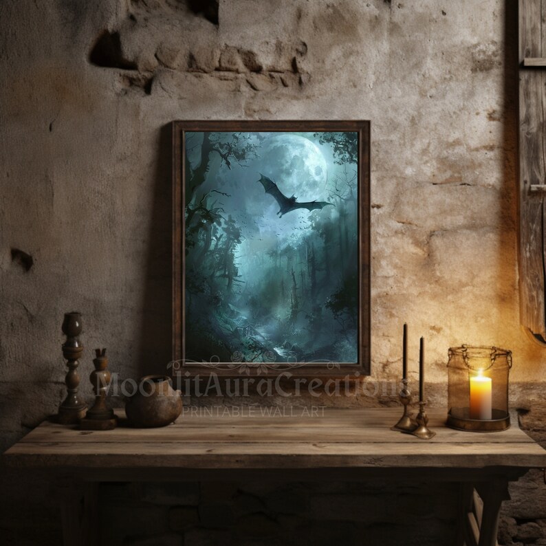 Bat in Haunted Forest Under Full Moon Print | Gothic Wall Art | Dark ...
