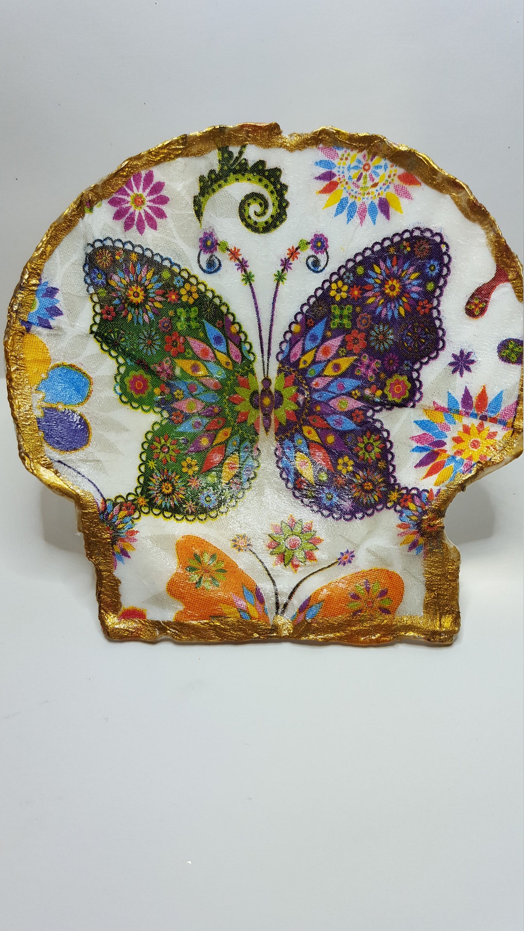 Disco Butterfly Decoupaged Large Scallop Shell With Stand Ring - Etsy