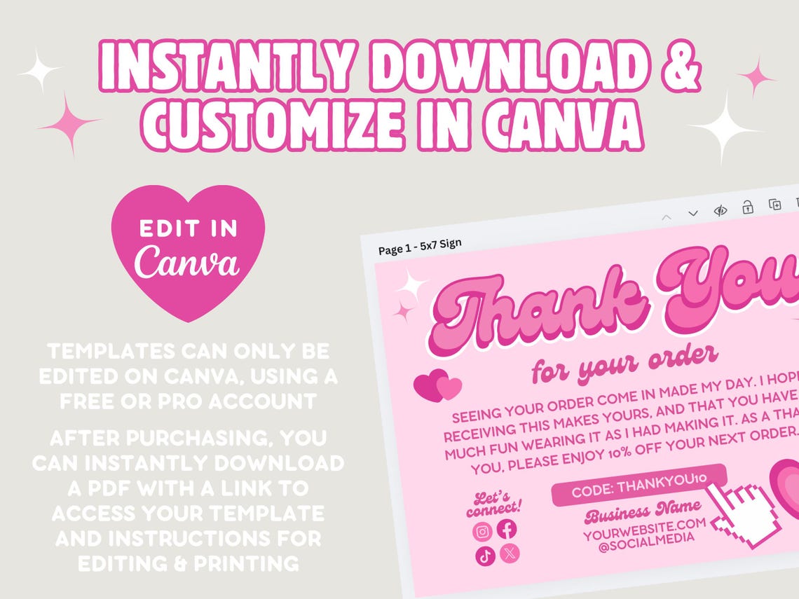Coquette Thank You Card Canva Template, DIY Editable Printable Boutique ...