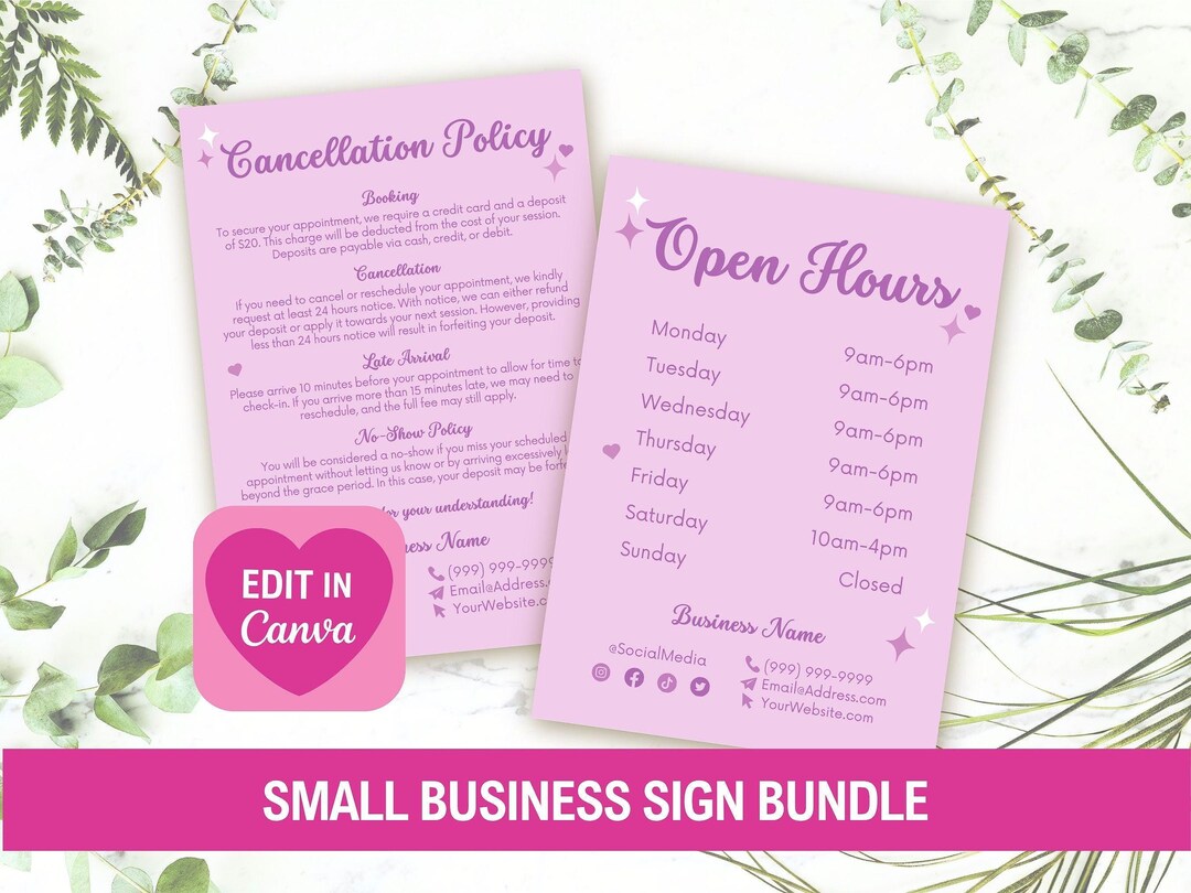 Open Hours & Cancellation Policy Sign Canva Templates, Editable ...