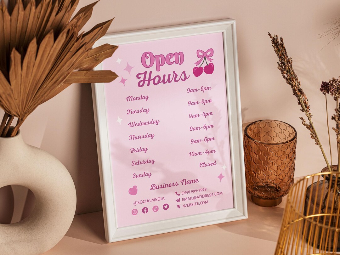 Salon Open Hours Sign Canva Template, DIY Cherry Printable Editable ...