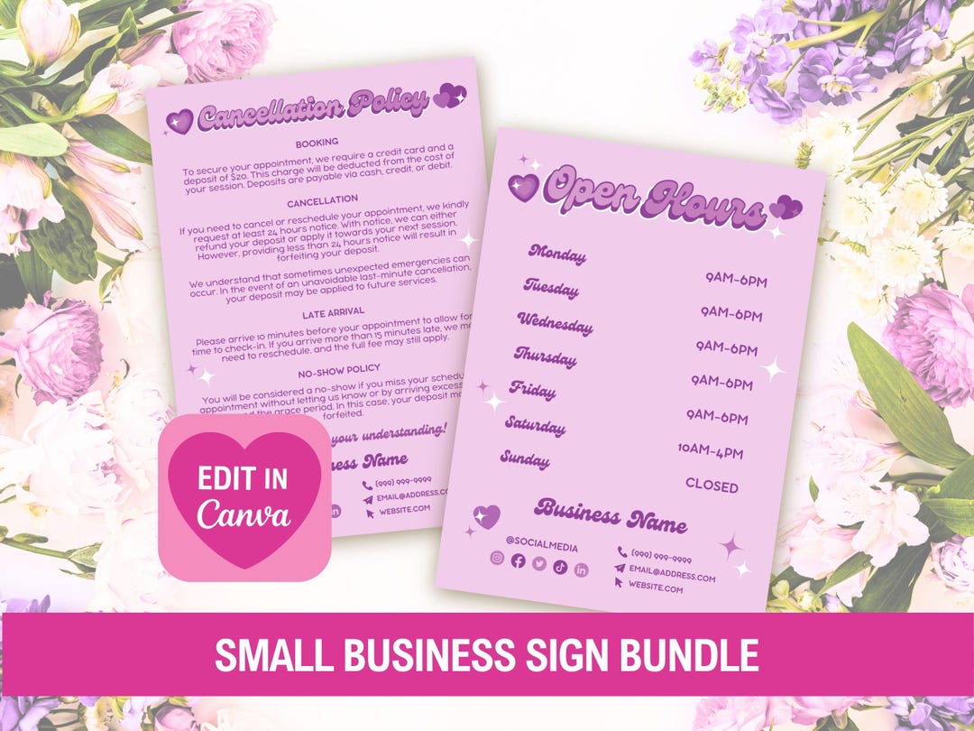 Opening Hours & Cancellation Policy Sign Canva Templates, DIY Editable ...