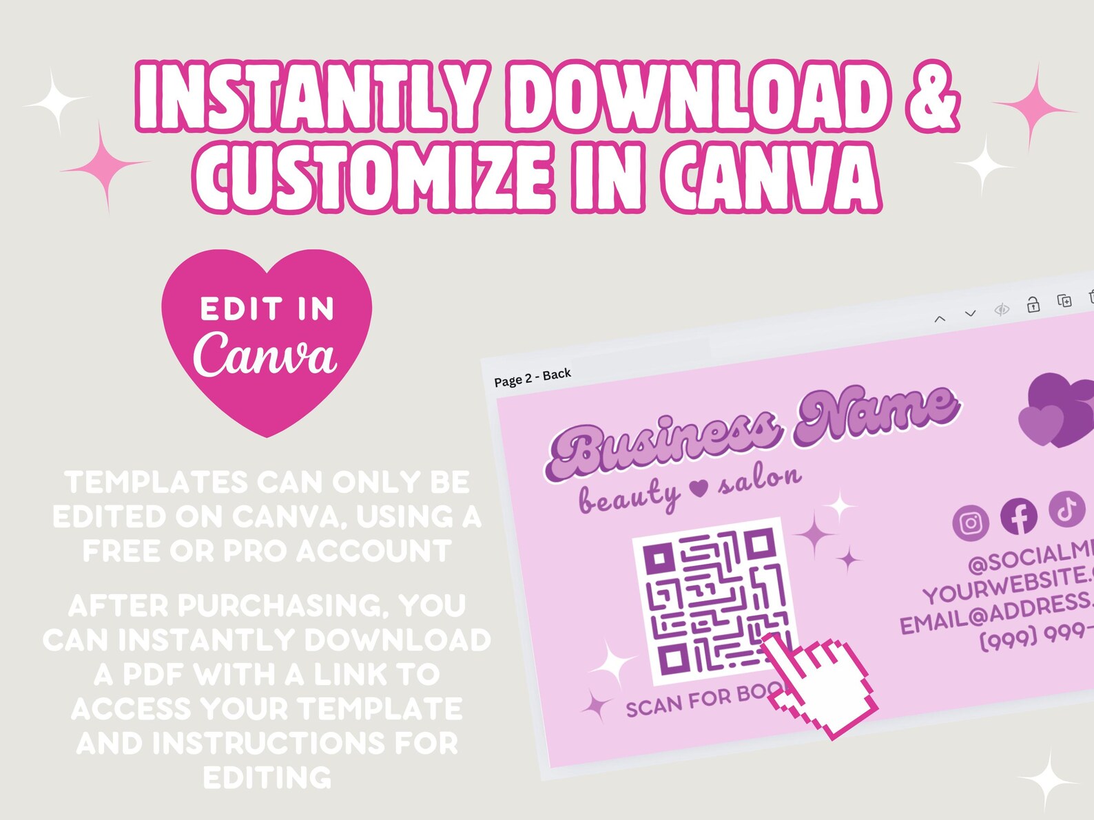 Y2K Beauty QR Code Business Card Canva Template, DIY Printable Editable ...